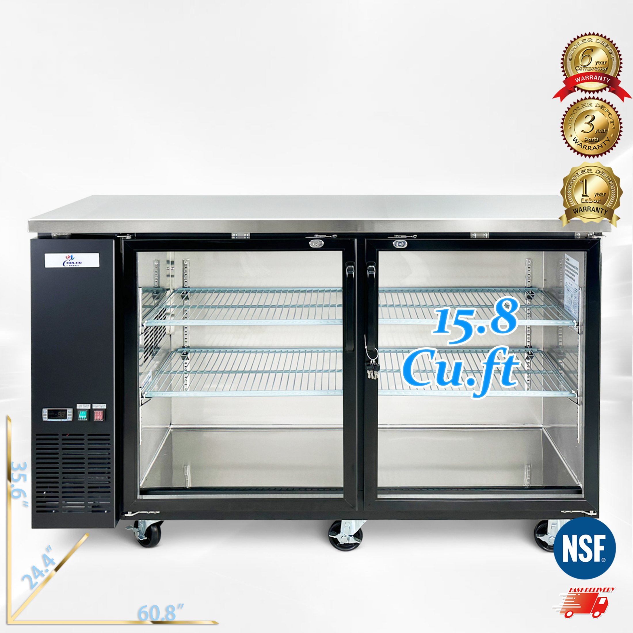 Cooler Depot NSF 60" Black Glass Door Beer Cooler, 15.8 cu ft, Keg ...