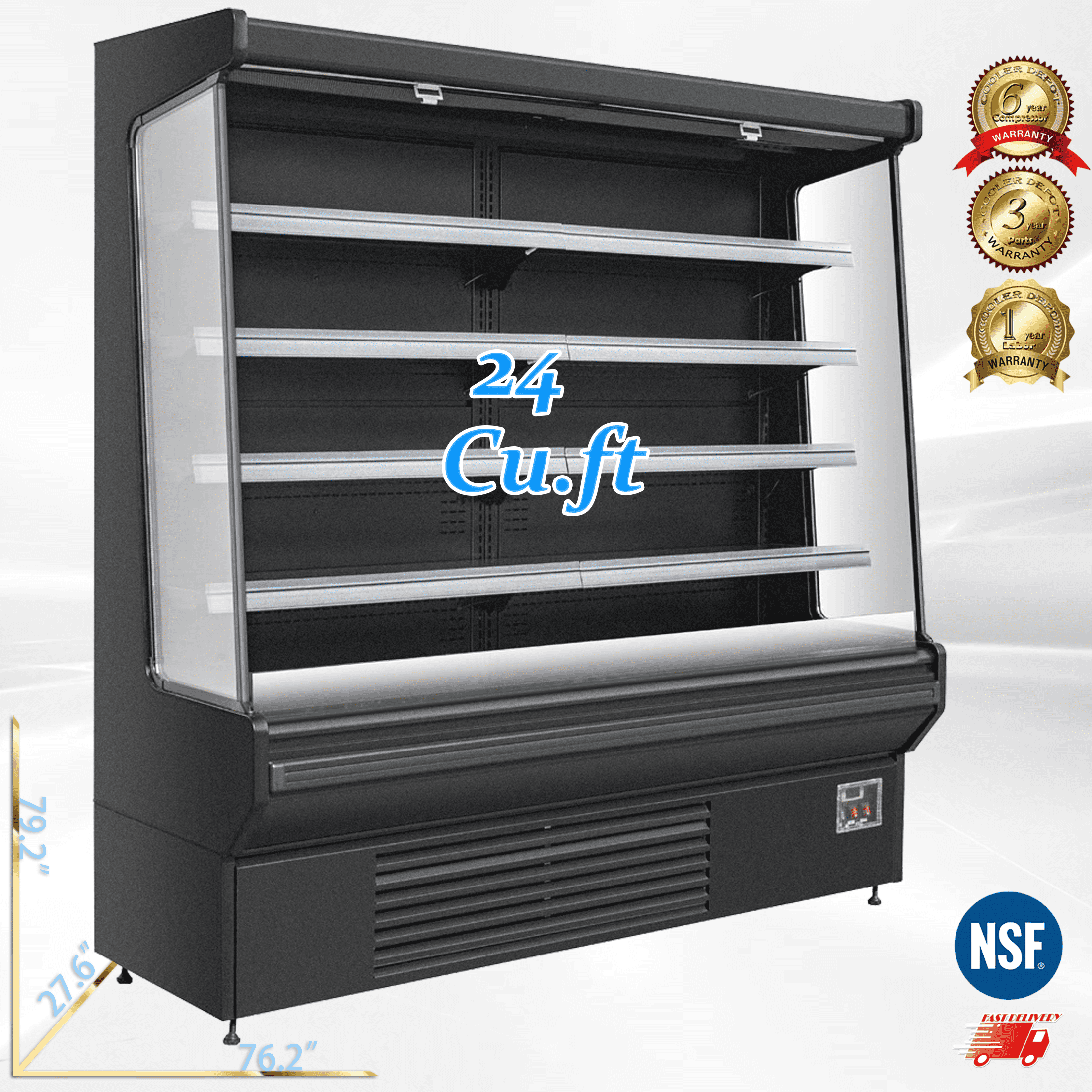 Cooler Depot NSF 76" Open Air Display Case, 24 cu ft, All-Glass Design ...