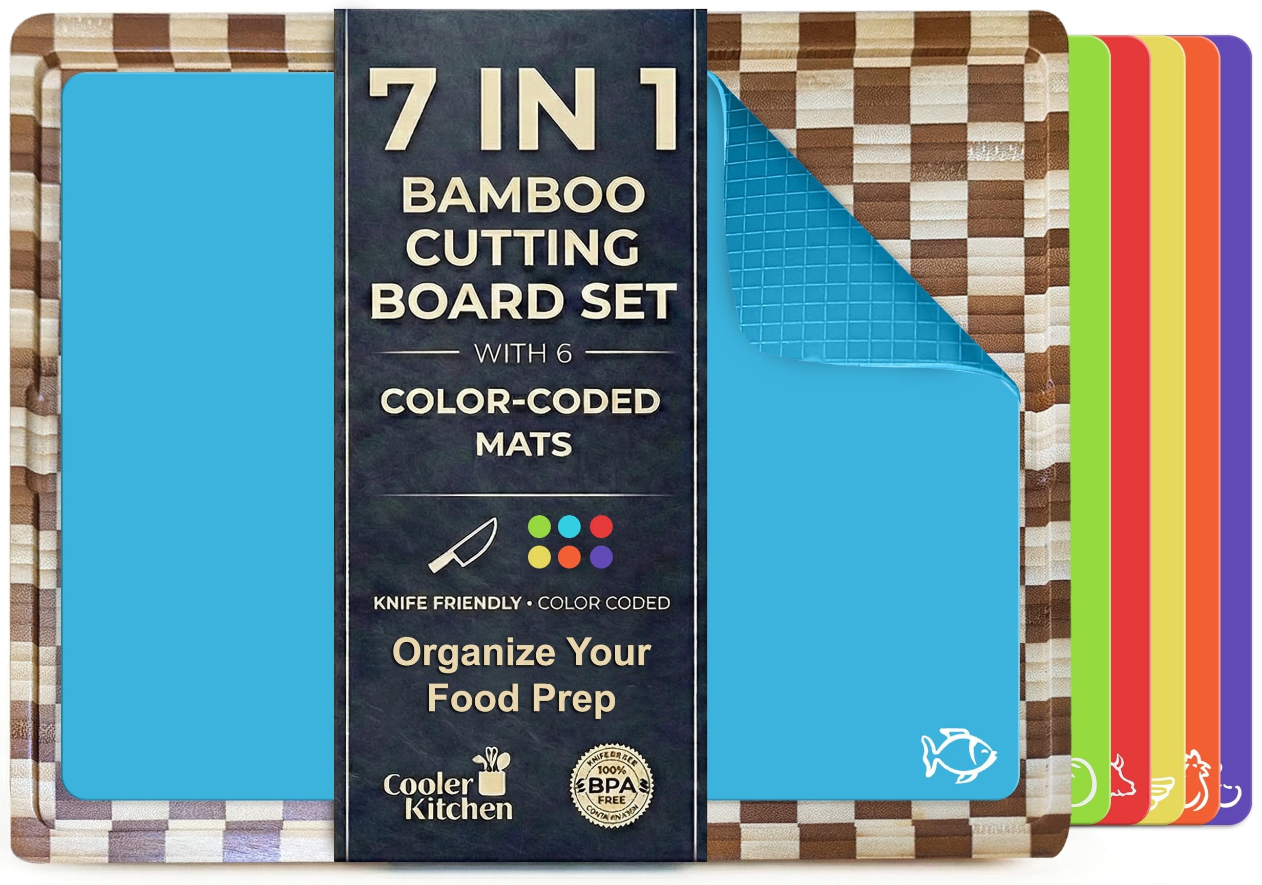 Cooler Kitchen Cutting Boards – Checkered Bamboo Board Set with 6 Color ...