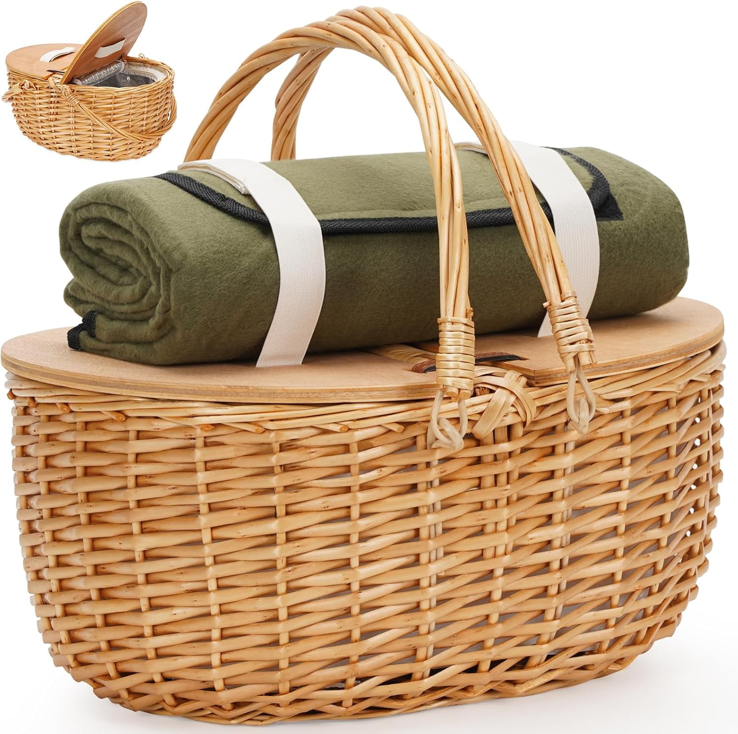 Cooler Picnic Basket with Blanket, Wooden Split Lid Picnic Basket ...