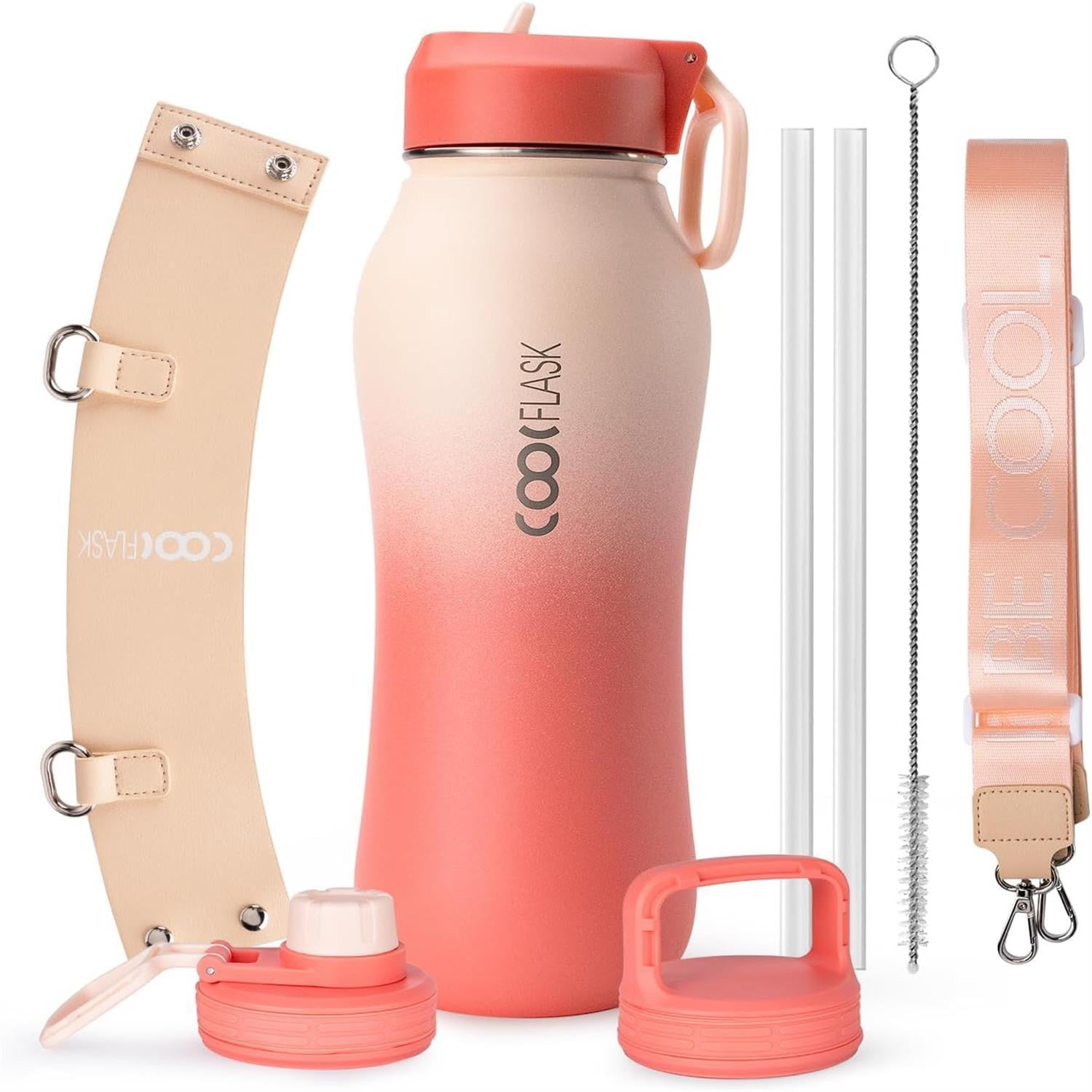 Coolflask 32 oz Insulated Water Bottle with Strap, Stainless Steel Water Bottle with Straw ...