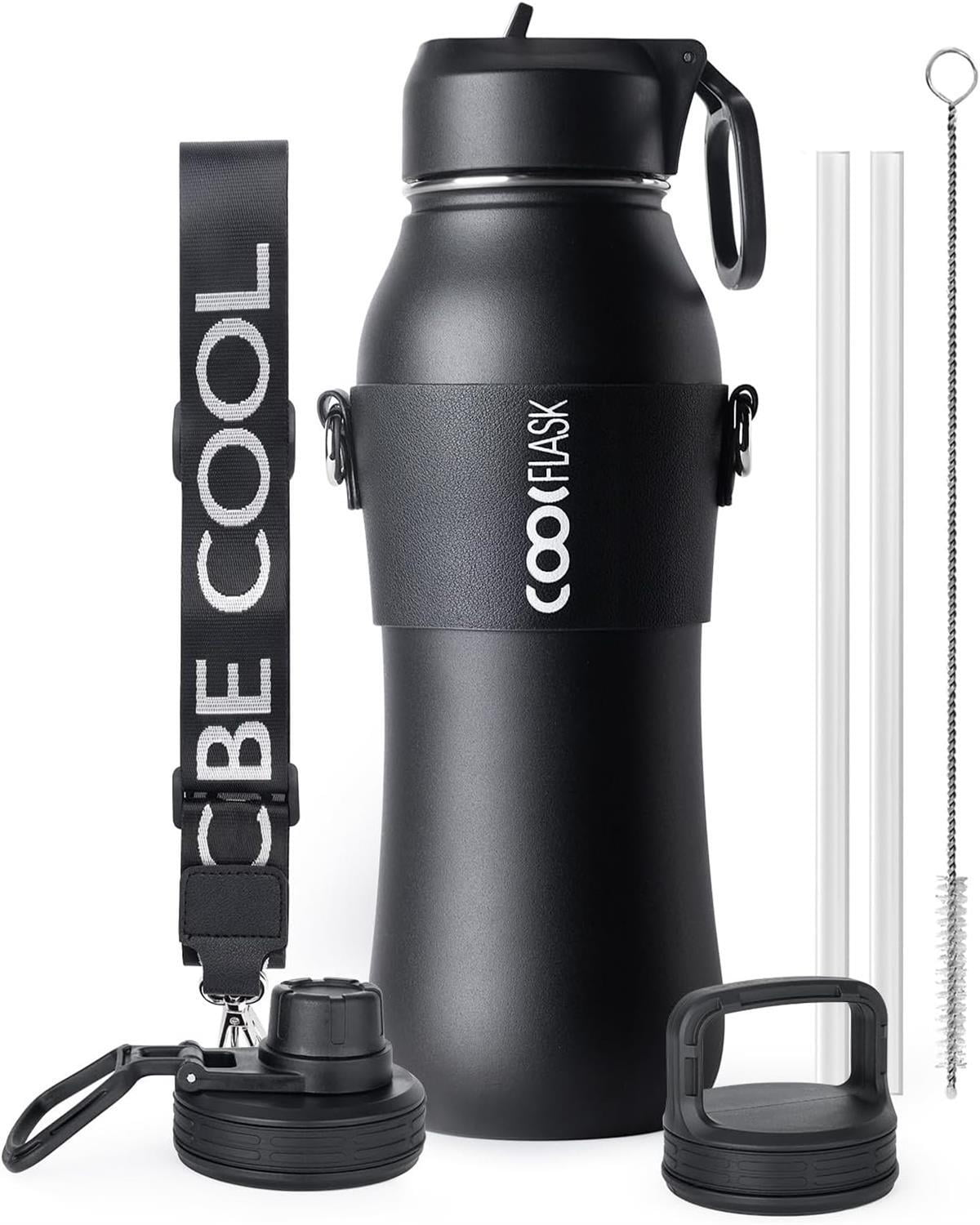 Coolflask 32 oz Insulated Water Bottle with Strap, Stainless Steel Water Bottle with Straw ...