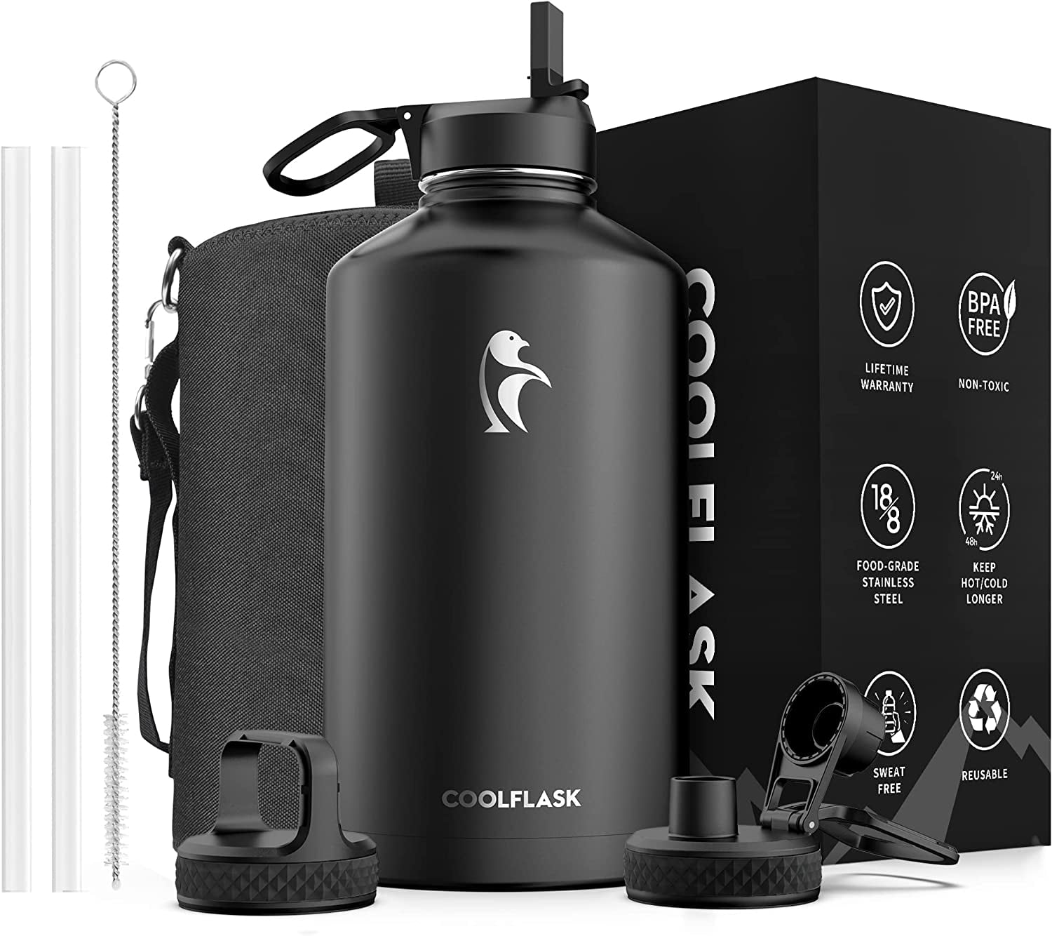 Coolflask 128 oz Magic Black Stainless Steel Water Bottle with 3 Lids ...