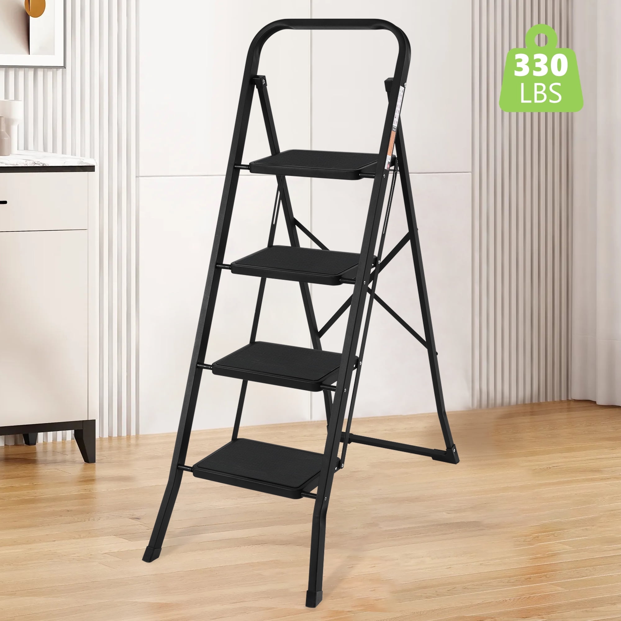 Coolhut 4 Step Ladder Folding Step Stool with Wide Anti Slip Pedal 330lbs Capacity Portable Lightweight Ladders for Home Kitchen Outdoor Black