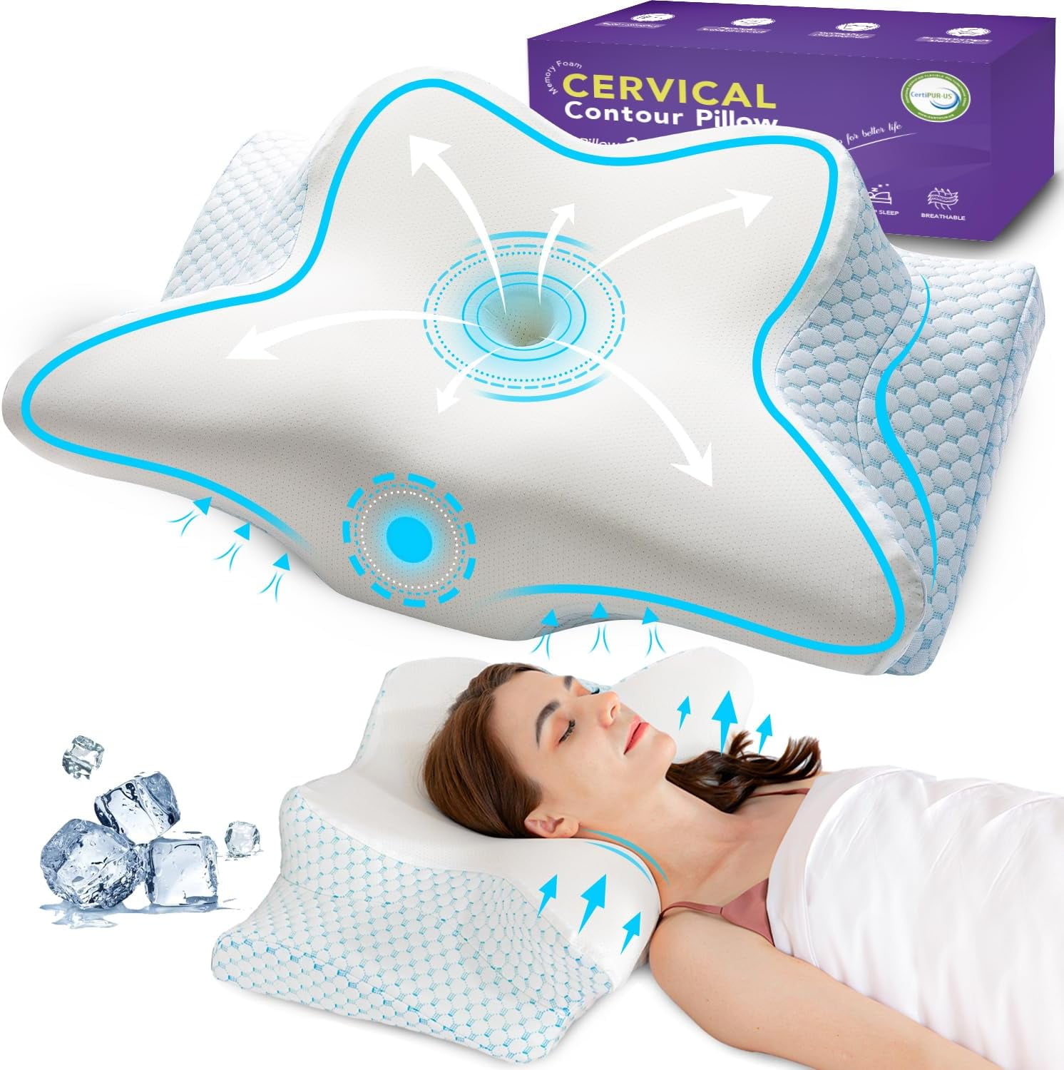 Cooling Cervical Pillow for Neck Pain Relief, Contour Memory Foam ...