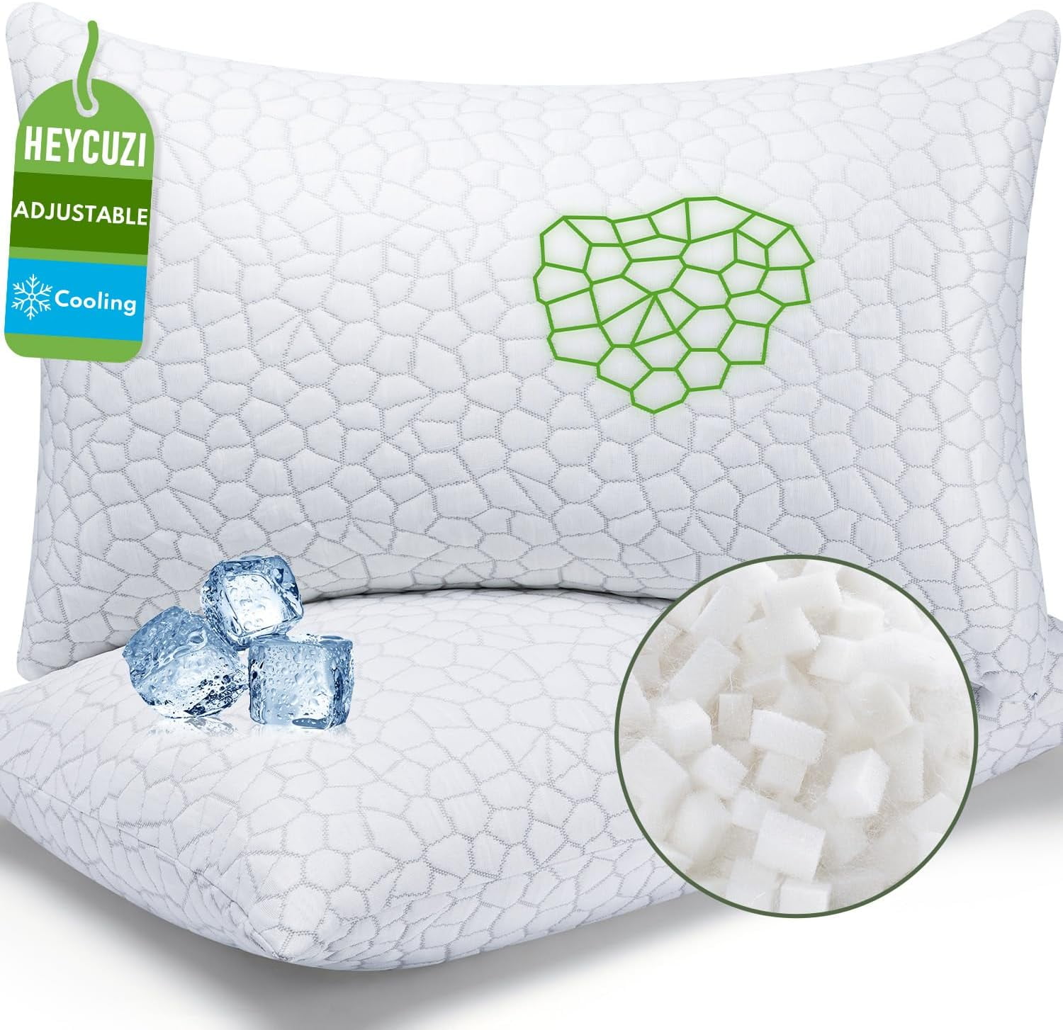 Cooling Pillows Queen Size Set of 2 - Shredded Memory Foam Pillow for Sleeping 2 Pack ...