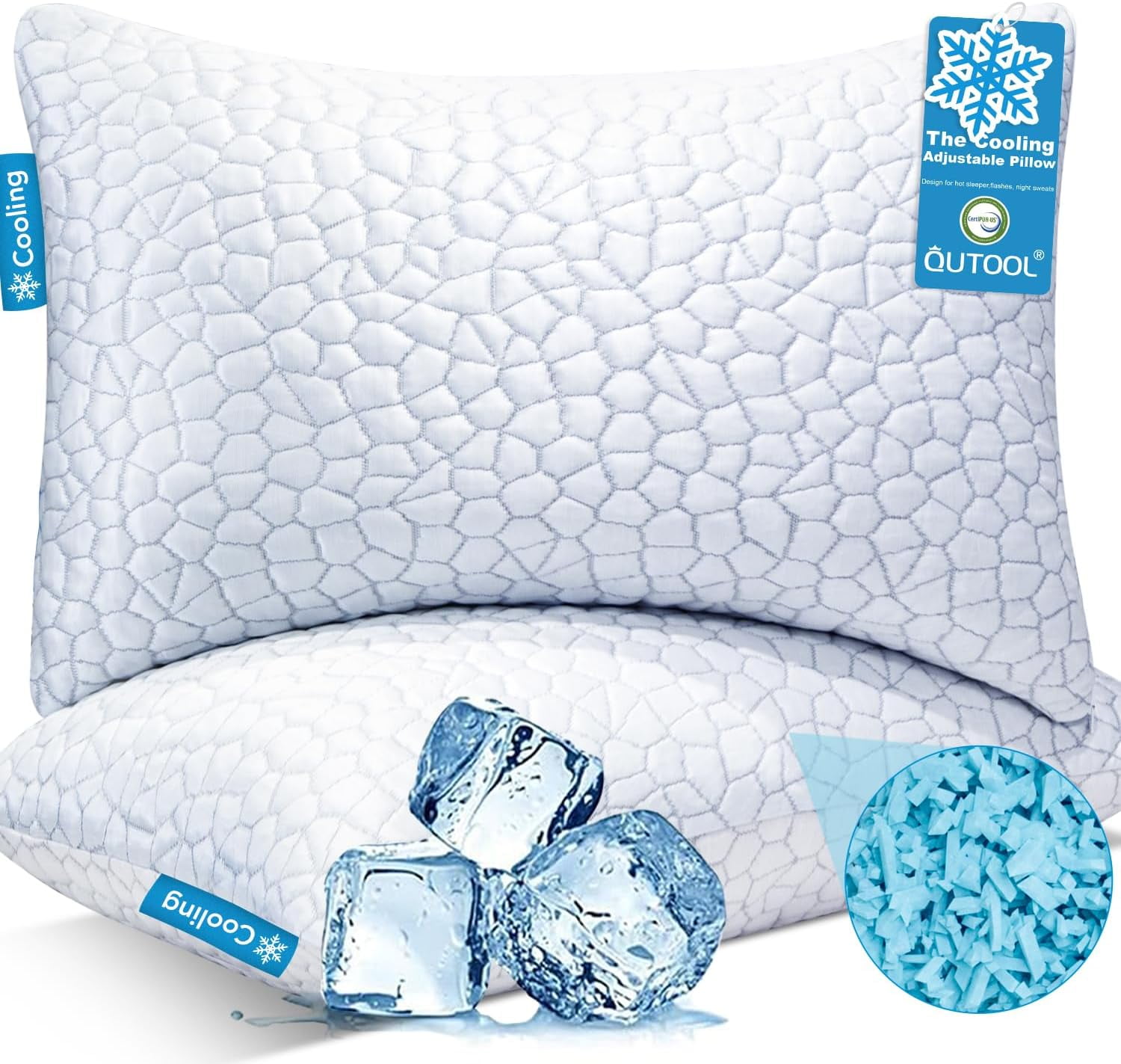 Cooling Pillows for Sleeping 2 Pack, Shredded Memory Foam Bed Pillows Queen Size Set of 2, Cool ...