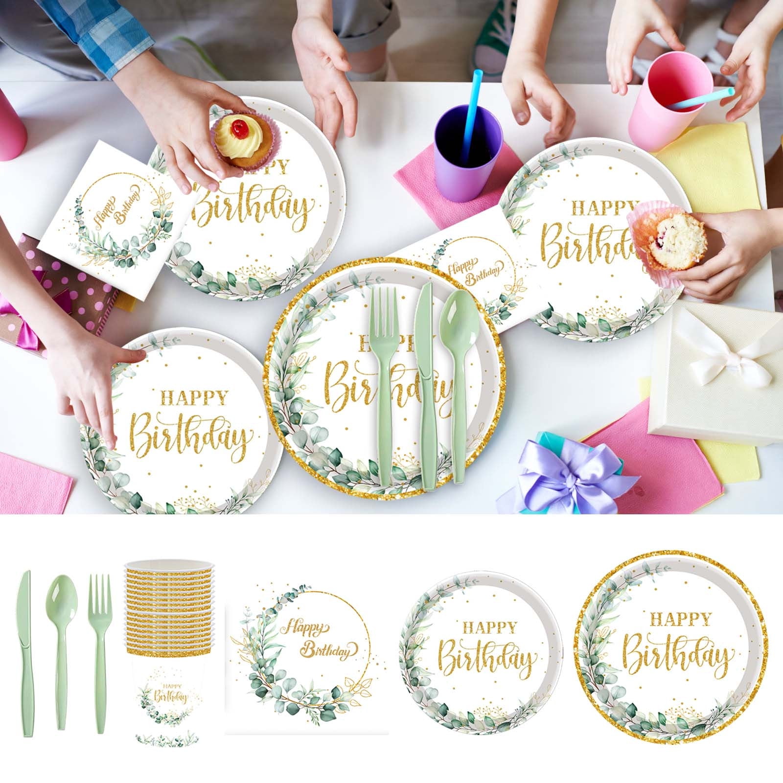 Coollooc 140 Pieces Greenery Eucalyptus Happy Birthday Plates Birthday ...