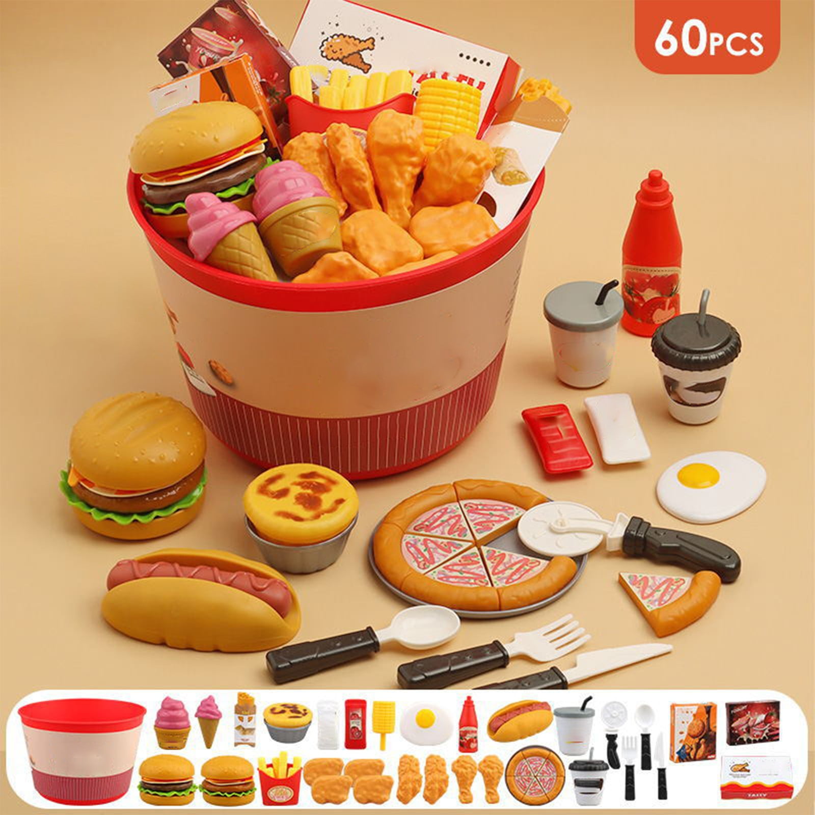 Coollooc 60 Pcs Pretend Play Food Toy for Kids Kitchen Aged 3 4 5, Fast ...