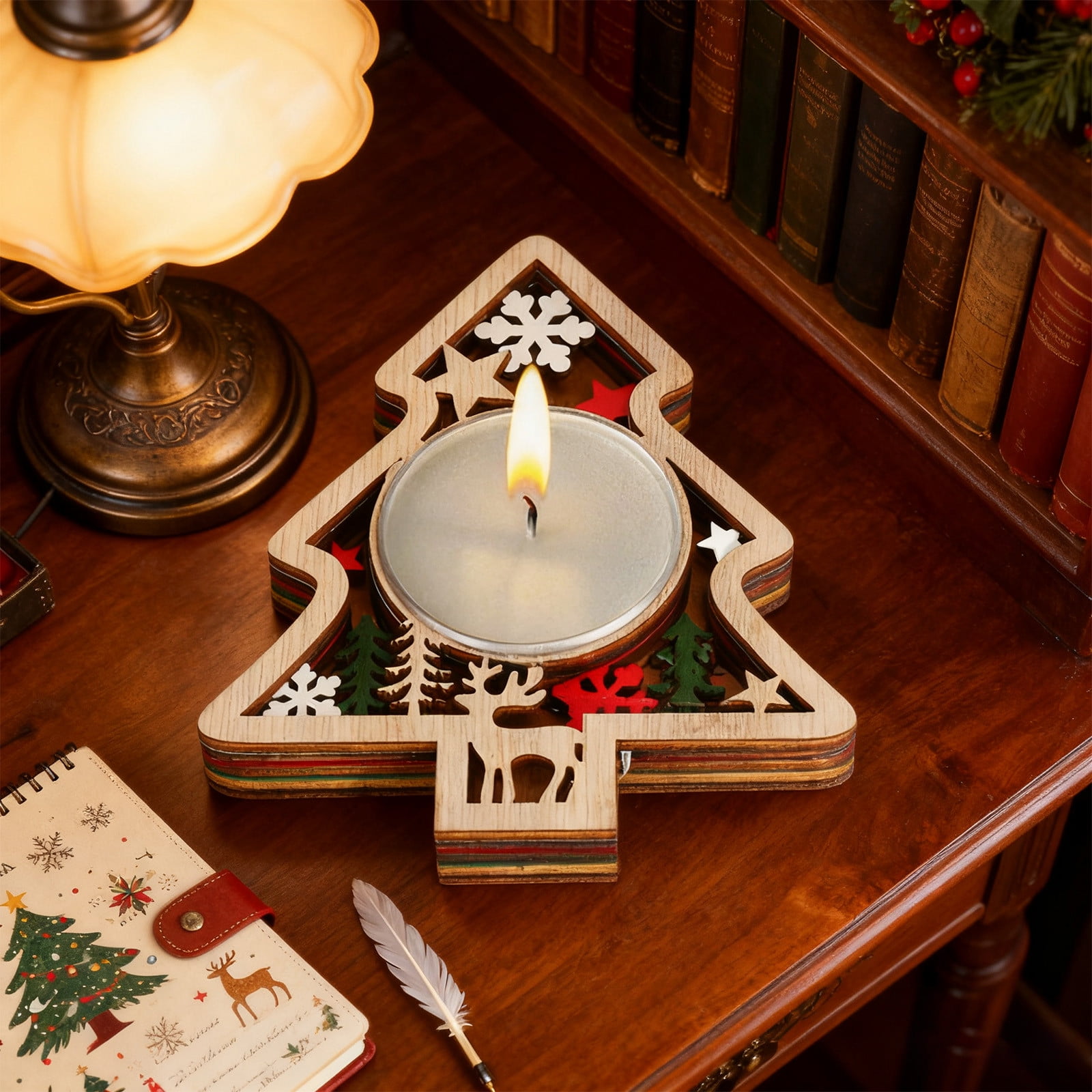 Coollooc Christmas Wooden Tealight Holder Rustic Festive Cutout MDF ...