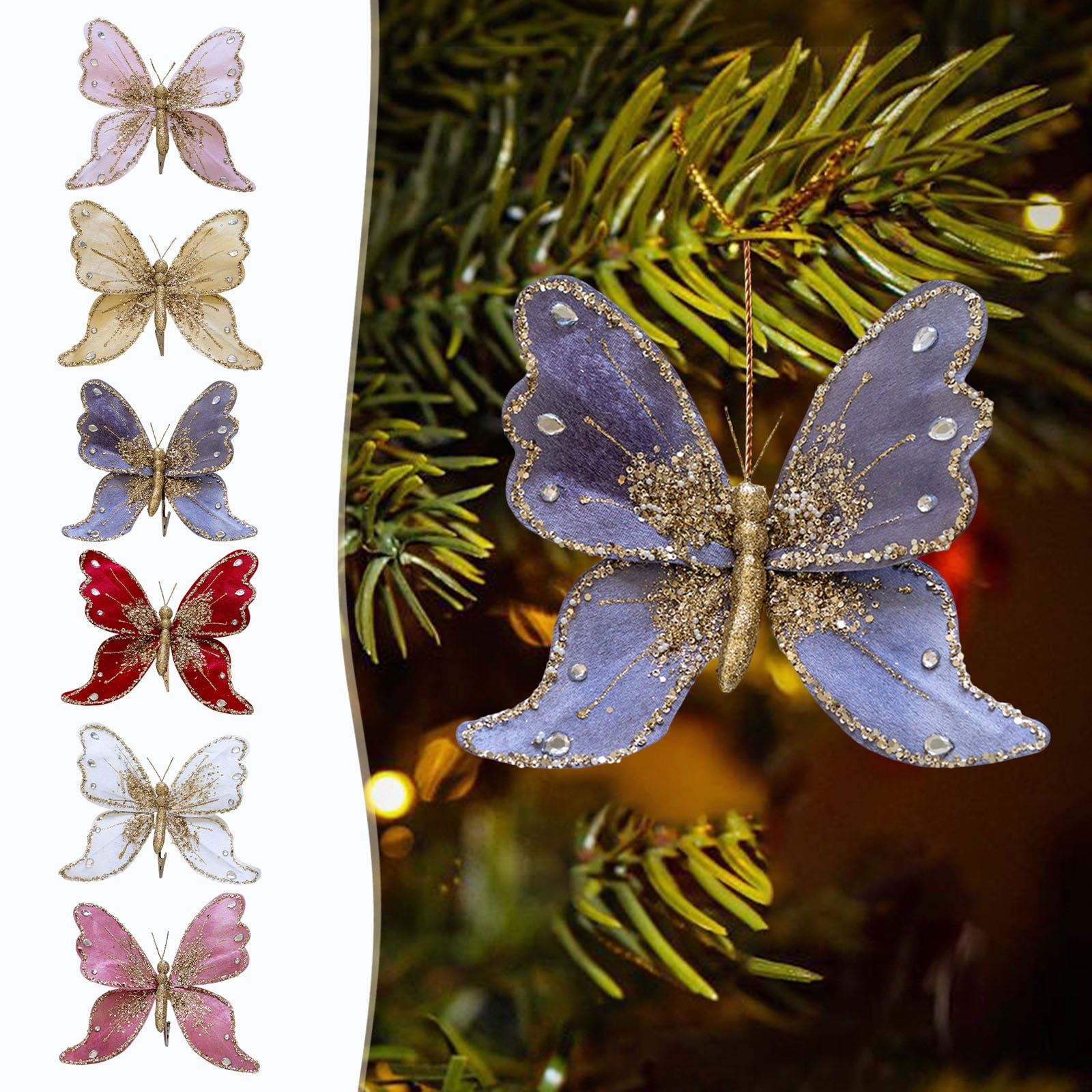 Coollooc Glitter Christmas Butterfly with Clip Artificial Poinsettia ...