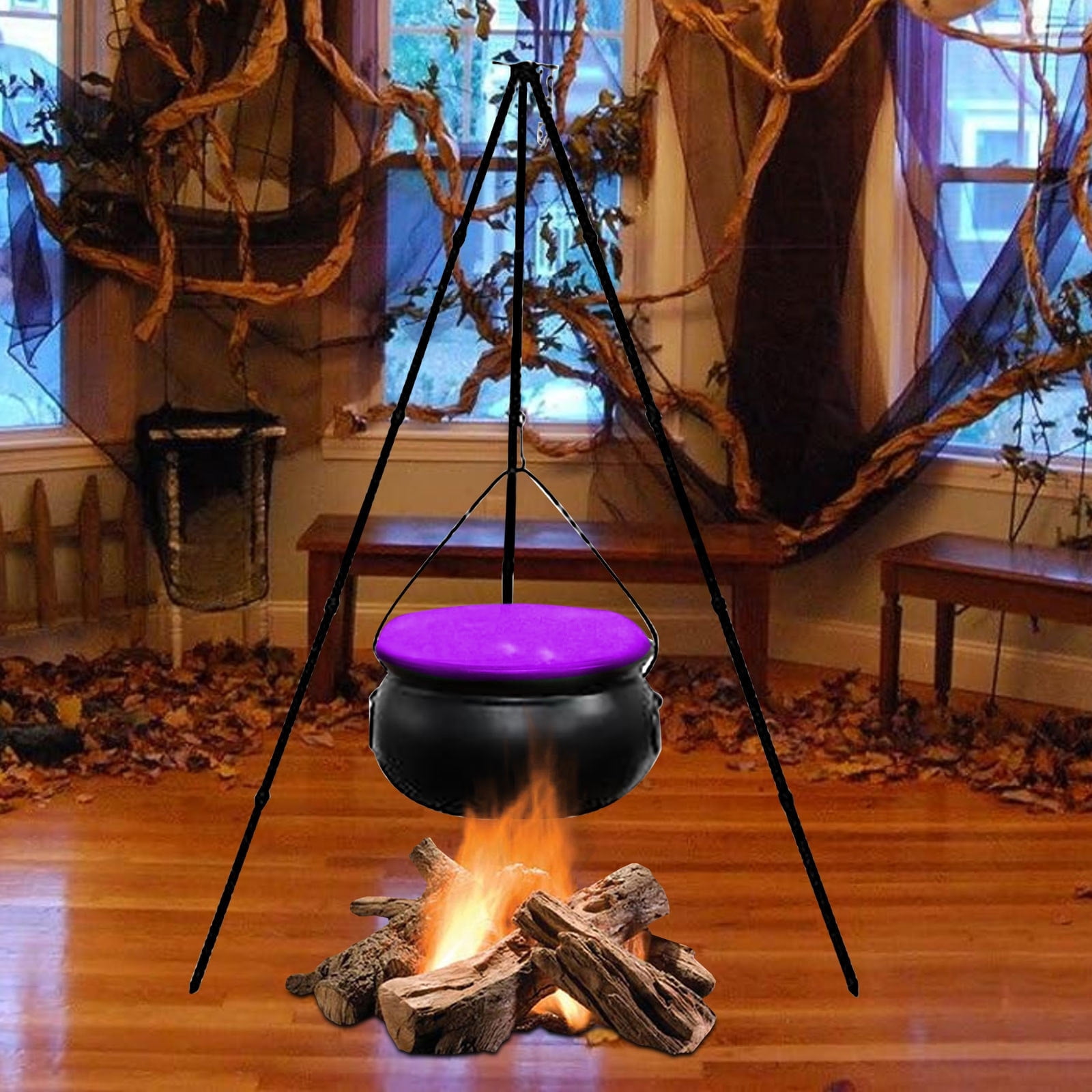 Coollooc Halloween Large Witches Cauldron on Tripod with String Lights ...