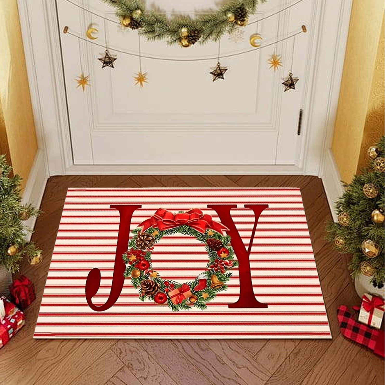 Coollooc Red Joy Wreath Bow Christmas Door Mat, Holiday Welcome ...