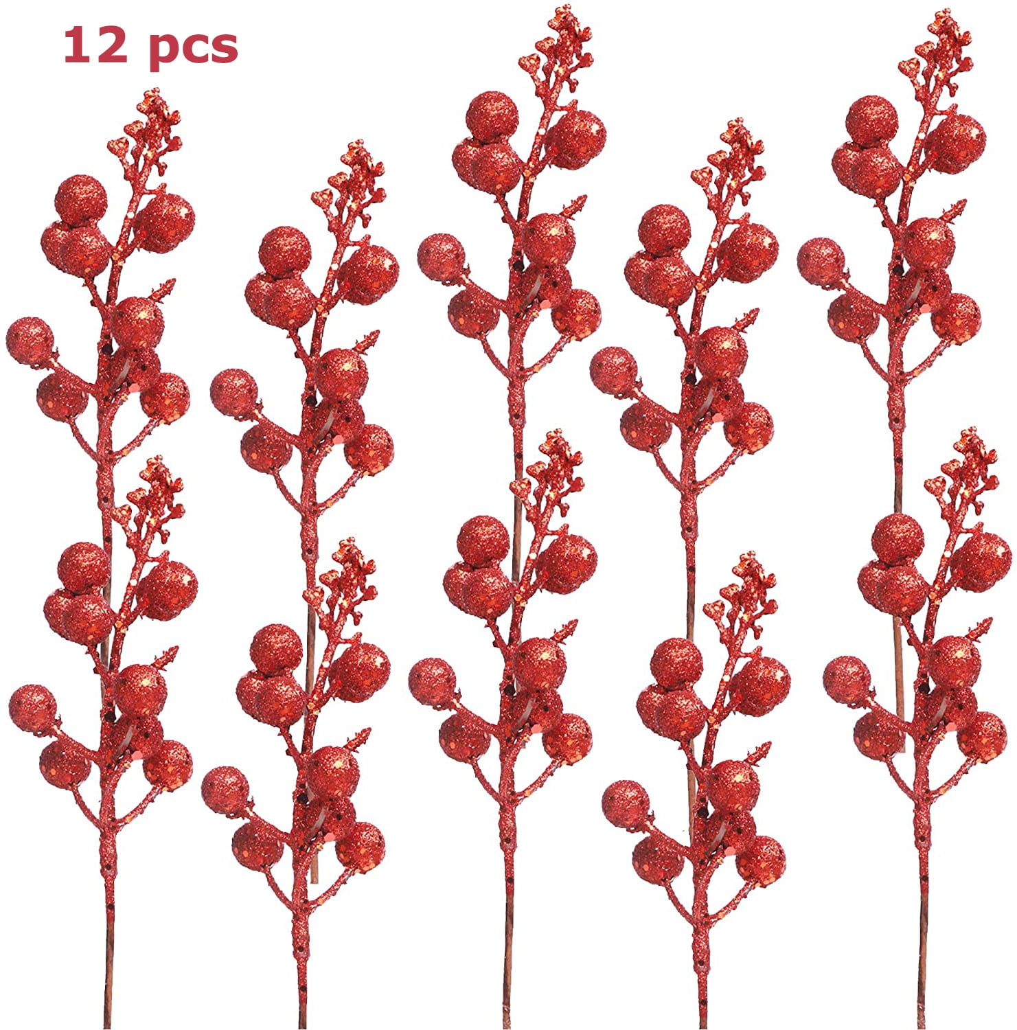 Coolmade 12 Pack Christmas Glitter Berries Stems, 7.8Inch Artificial ...