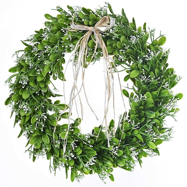 Coolmade 16 inch Artificial Green Leaf Wreath with Bow Spring Front ...