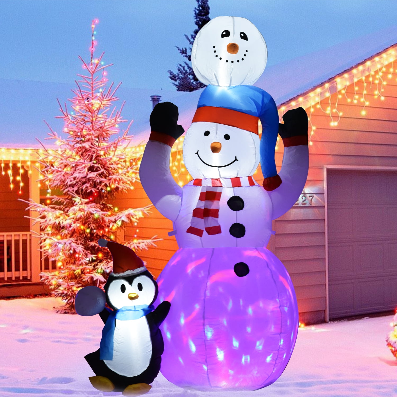 Coolmade 6ft Christmas Inflatables Snowman And Penguins With Rotating