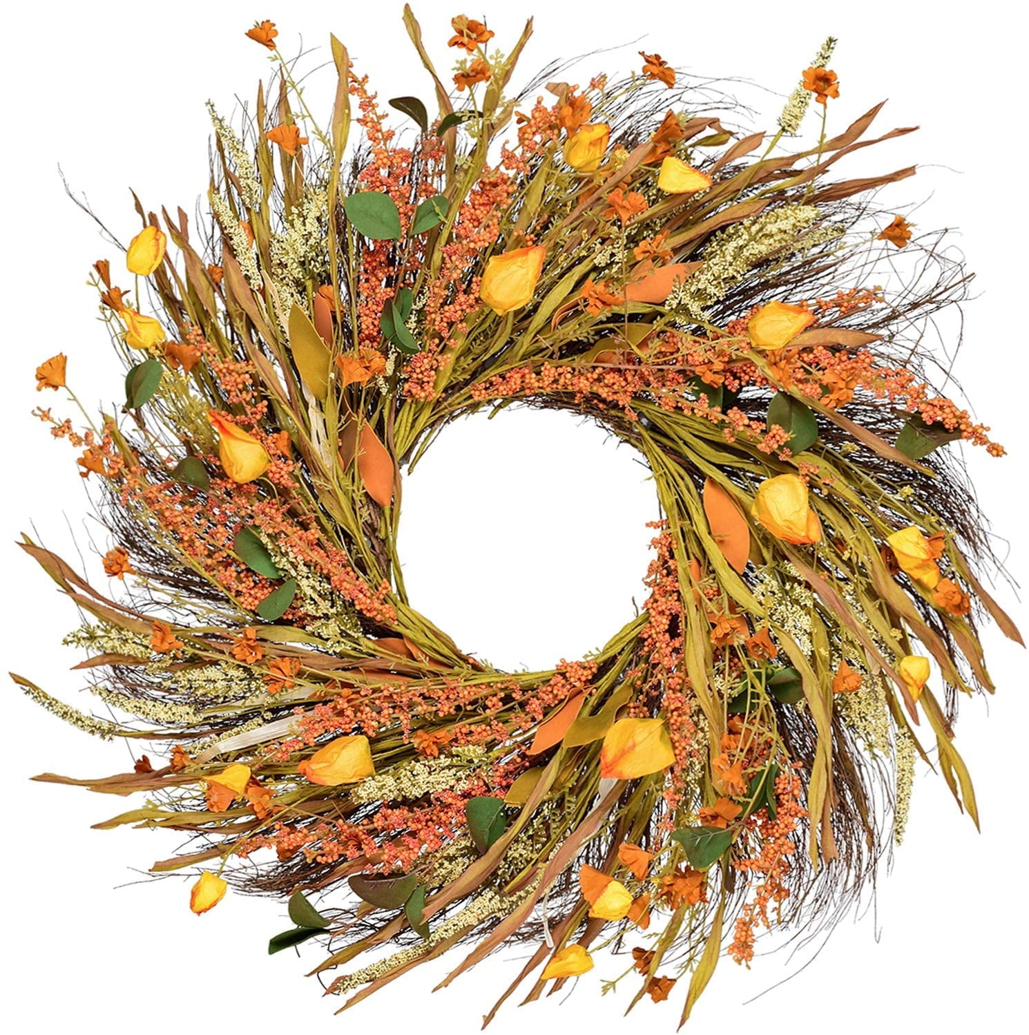 "Coolmade 22"" Unlit Fall Harvest Wreath, Artificial Wheat Ears Circle ...