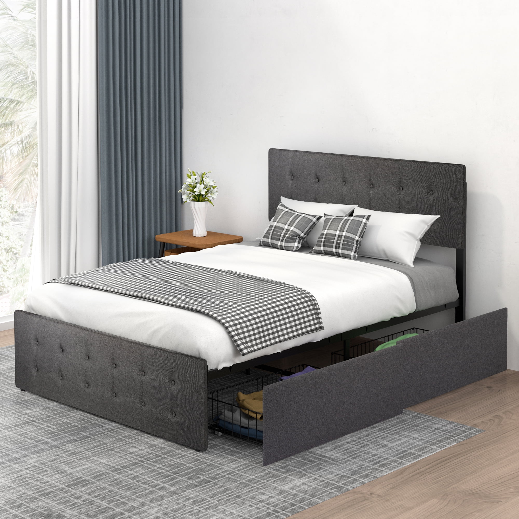 Coolmee Full Size Bed Frame with 4 Storage Drawers and Adjustable ...