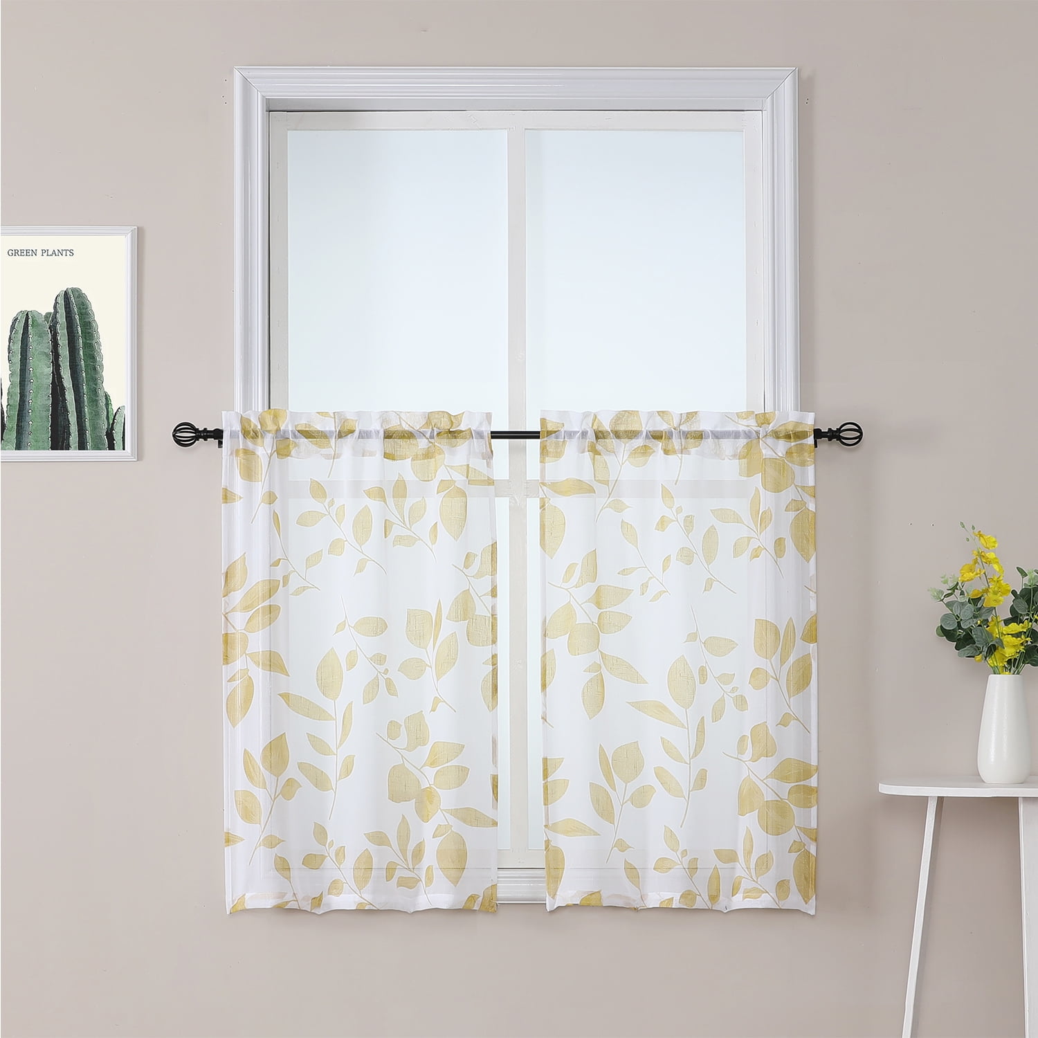 Coolmee Sheer Curtains Window，Faux Linen Textured Rod Pocket Printed ...