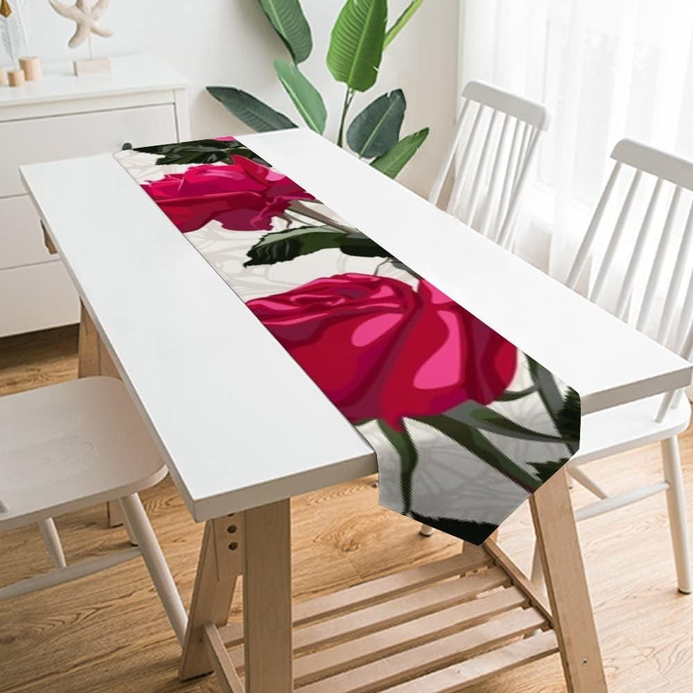 Coolnut 13"x70" Table Cloth Runner, Red Flowers Roses and Leaves Table ...