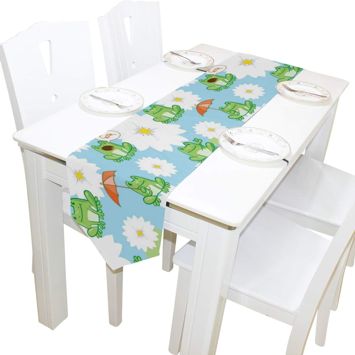 Coolnut 13"x90" Rectangle Cloth Table Runner Frogs with Flowers Printed Table Runner for Wedding ...