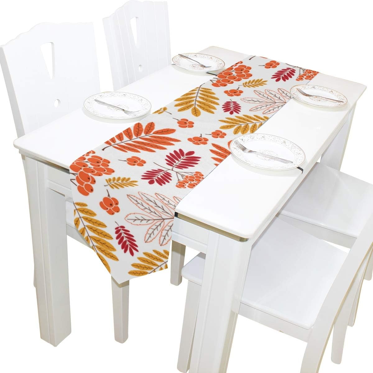 Coolnut 13"x90" Rectangle Cloth Table Runner Leaves and Berries On White Table Cover for Wedding ...