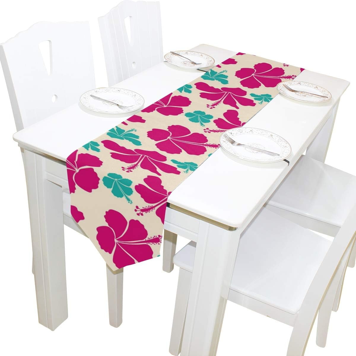 Coolnut 13"x90" Rectangle Cloth Table Runner Magenta Hibiscus Table ...