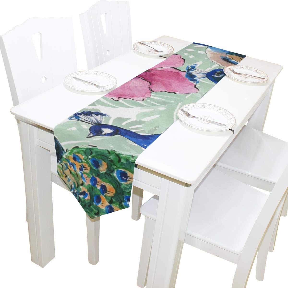 Coolnut 13"x90" Rectangle Watercolor Peacocks Flower Printed Table Runner for Wedding Birthday ...