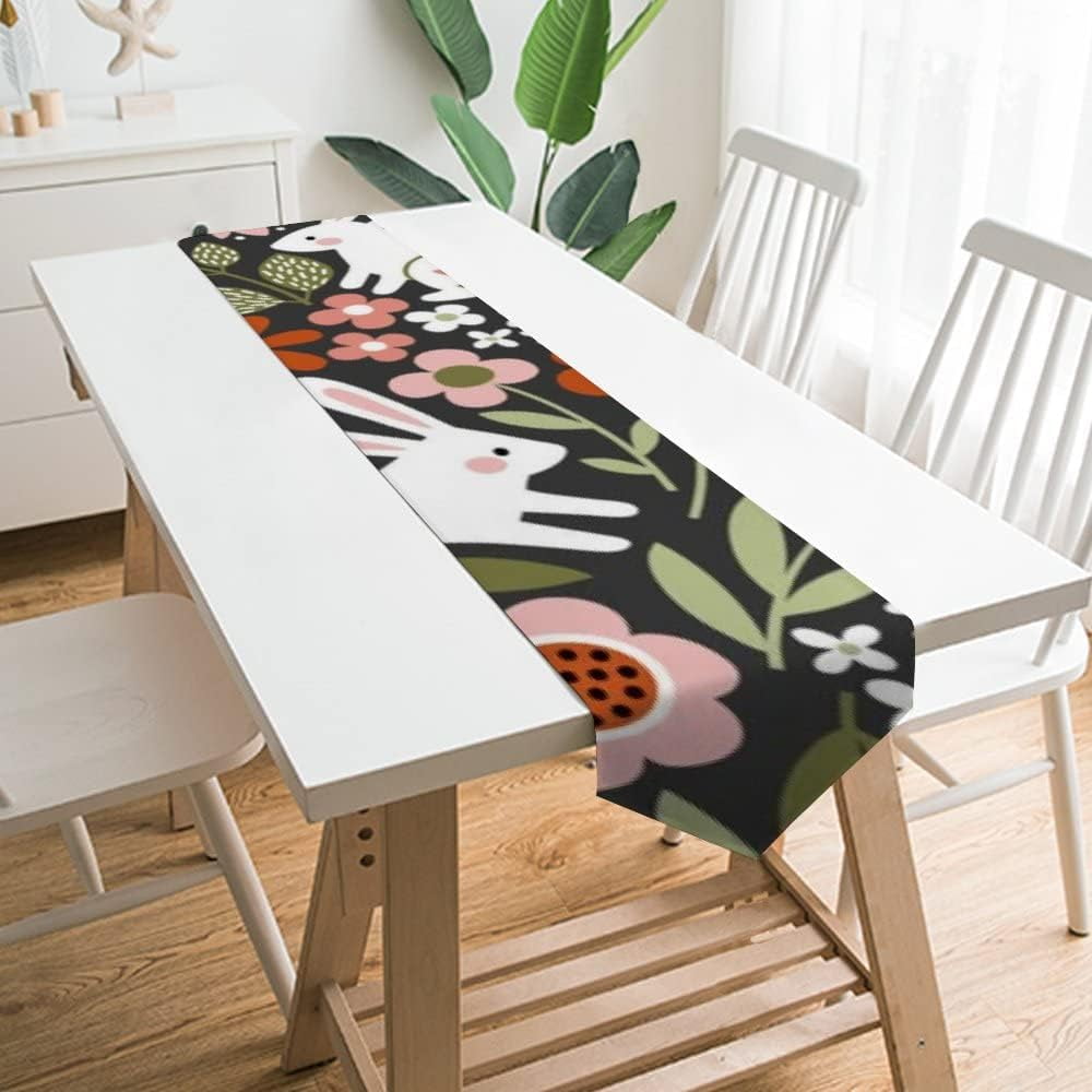 Coolnut 13"x90" Table Cloth Runner, Cute White Rabbits Flowers Leaves ...