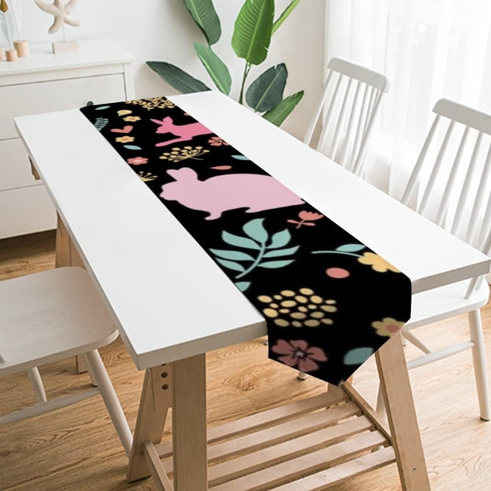 Coolnut 13"x90" Table Cloth Runner, Rabbits Hearts Flowers Leaves Table ...