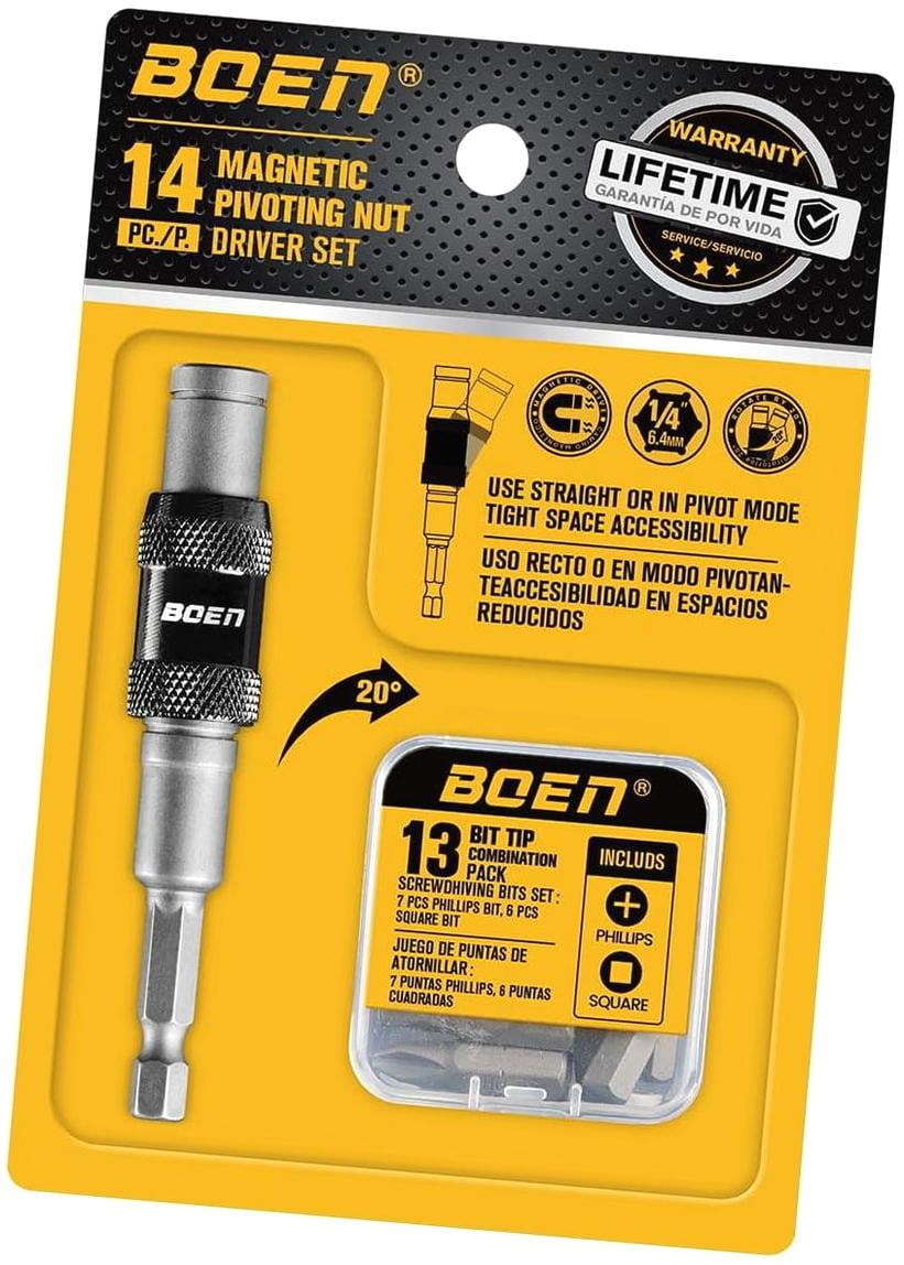 Coolnut 14-Piece Swivel Magnetic Bit Holder with Screwdriver Bits, 1/4 ...