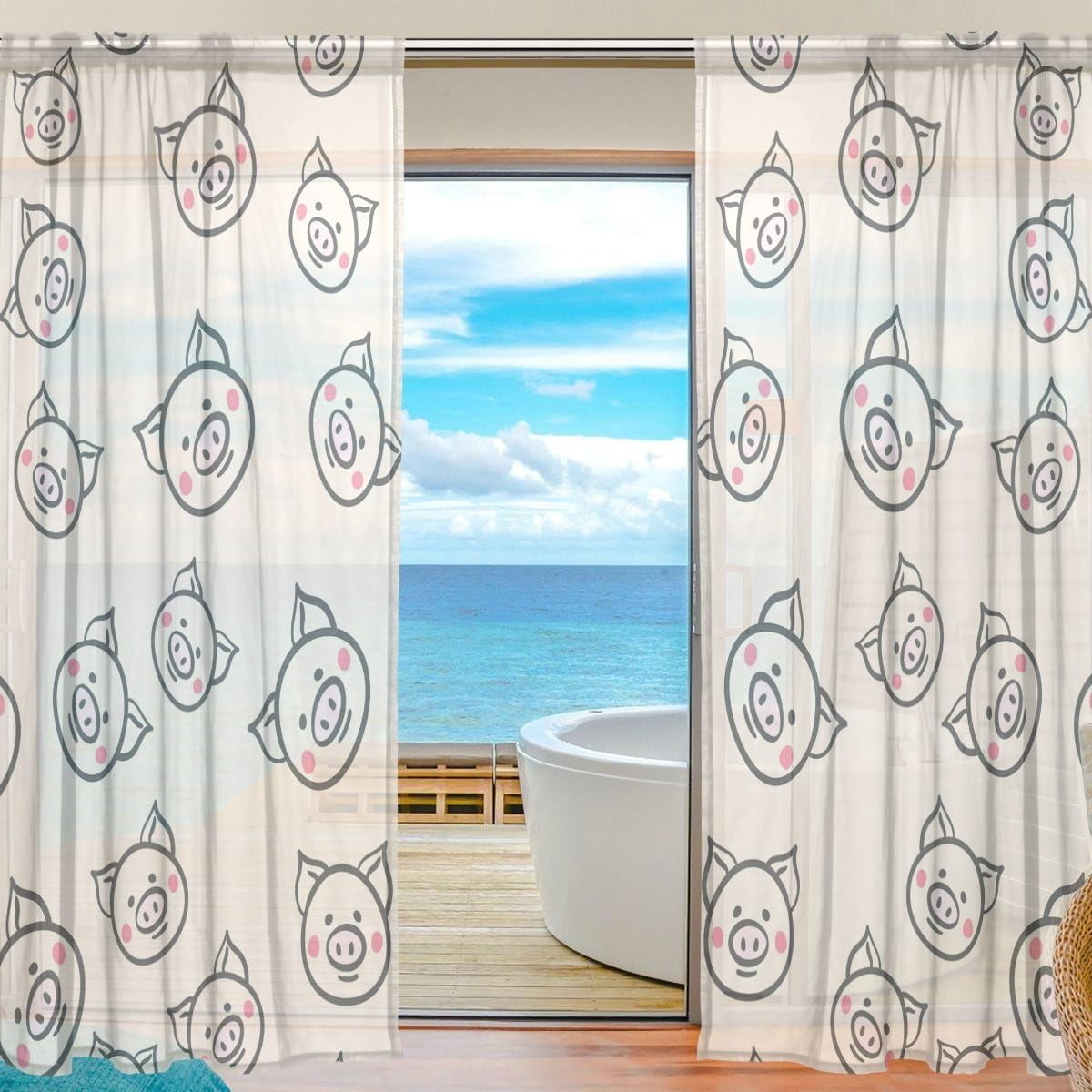 Coolnut 2 PCS Cute Pig Doodles Sheer Gauze Door Curtains, 55"x84 ...
