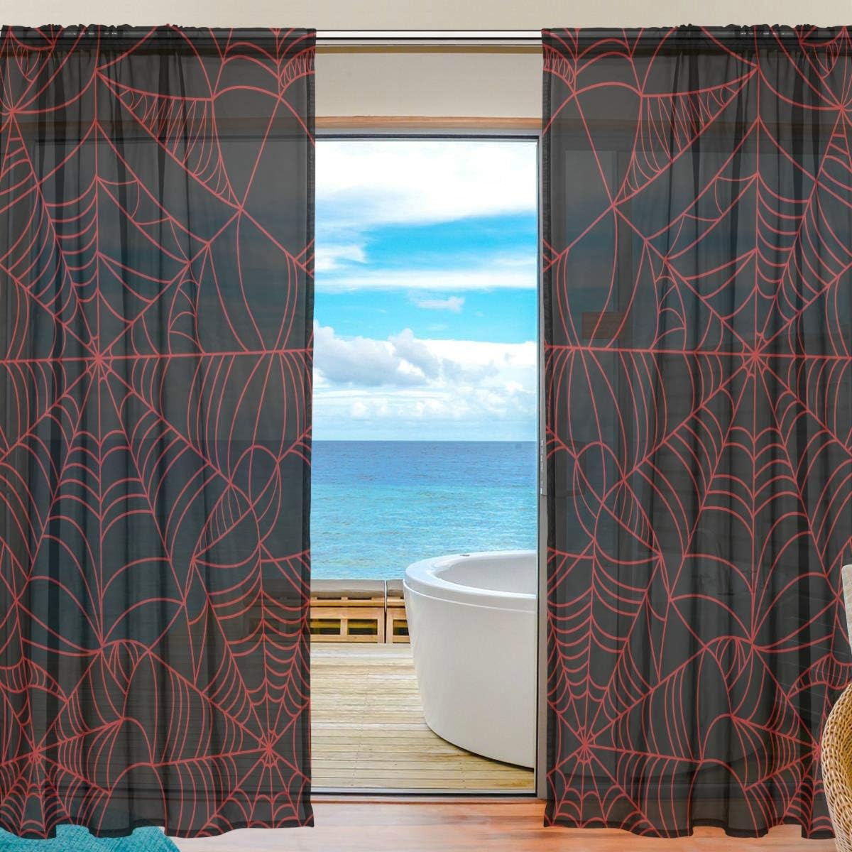 Coolnut 2 PCS Halloween Red Spider Web Sheer Gauze Door Curtains ...