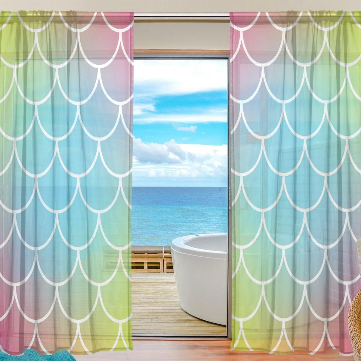 Coolnut 2 PCS Mermaid Scale On Gradient Background Sheer Gauze Door ...
