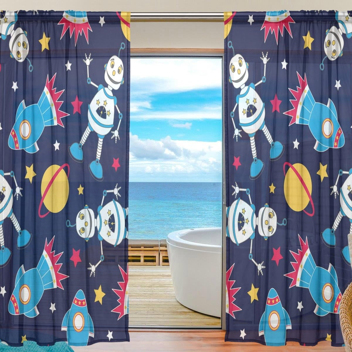 Coolnut 2 PCS Rocket and Robots Sheer Gauze Door Curtains, 55"x84 ...