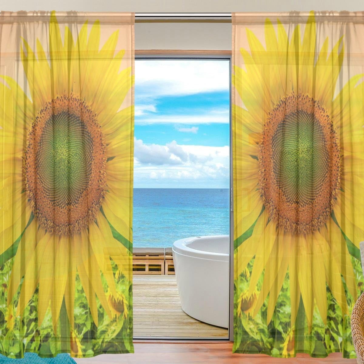 Coolnut 2 PCS Sunflower On Field with Sunset Sheer Gauze Door Curtains ...