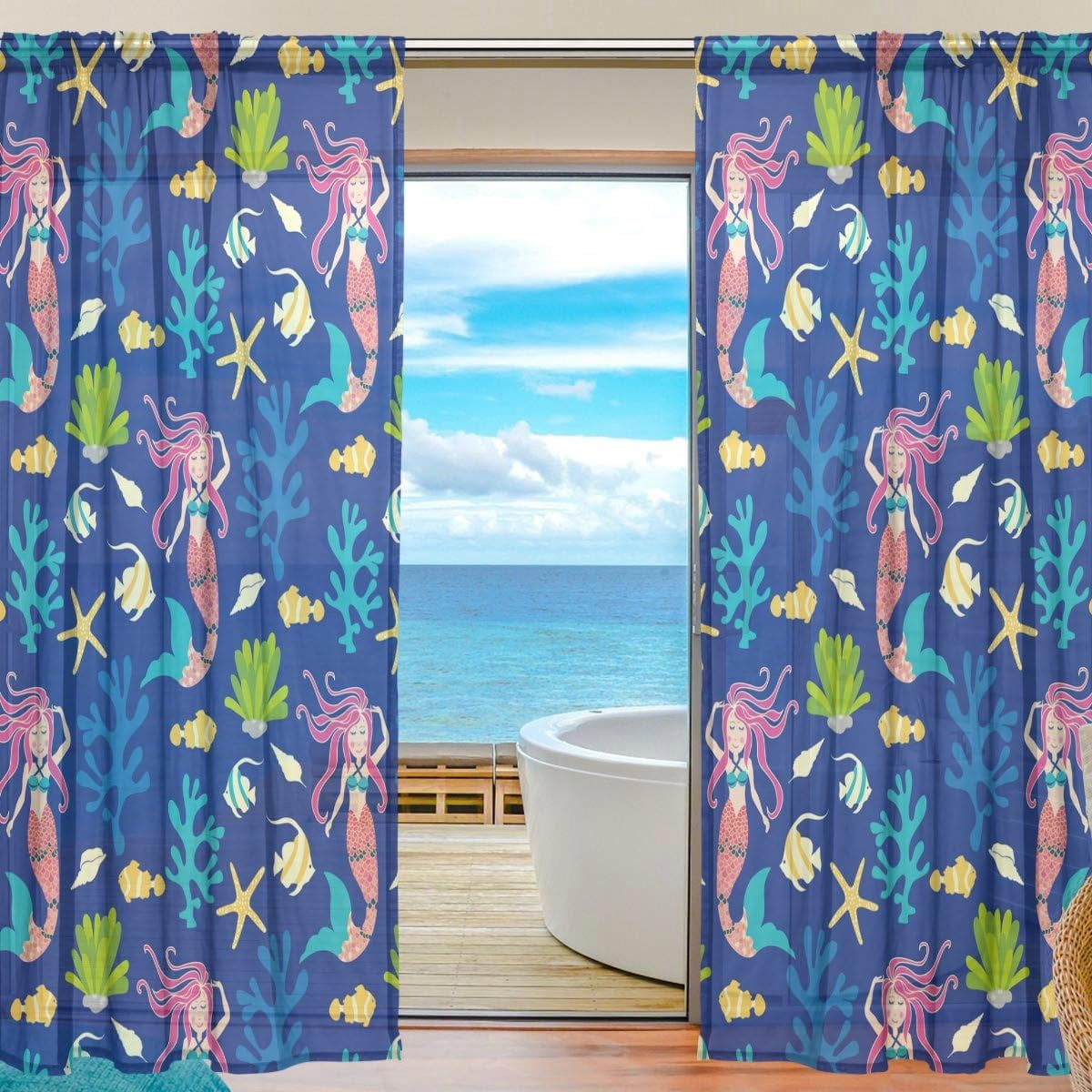 Coolnut 2 PCS Underwater Mermaids Fishes Sheer Gauze Door Curtains, 55 ...