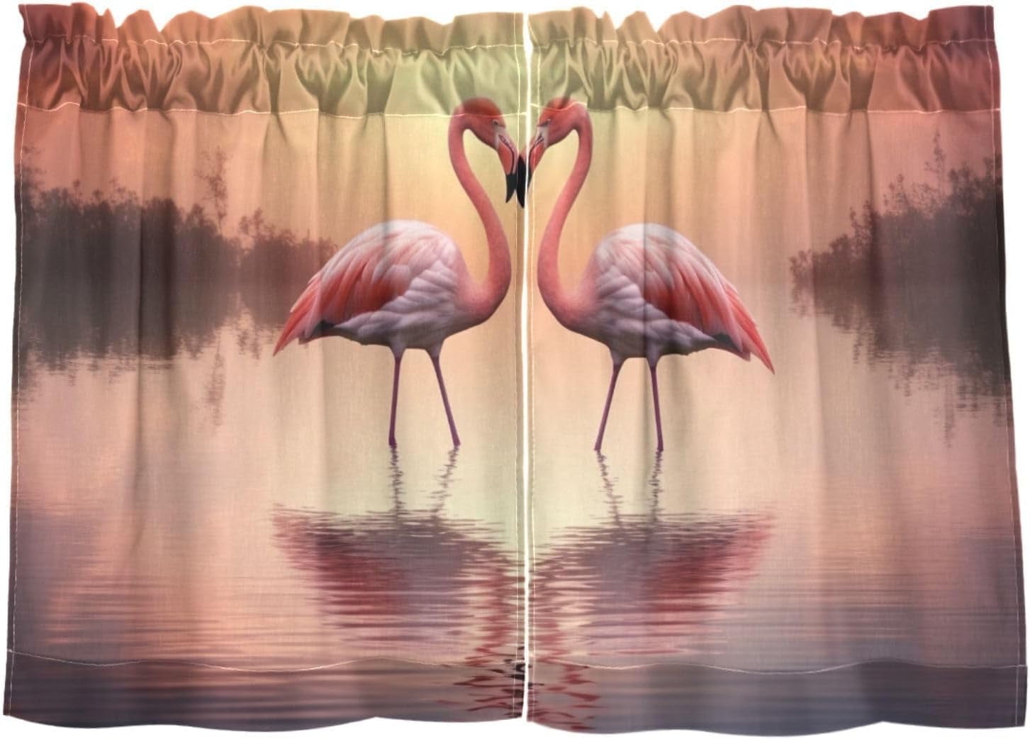 Coolnut 24 Inch Length Kitchen Curtains Pink Flamingos Lovers 2 Panels Half Window Sheer ...