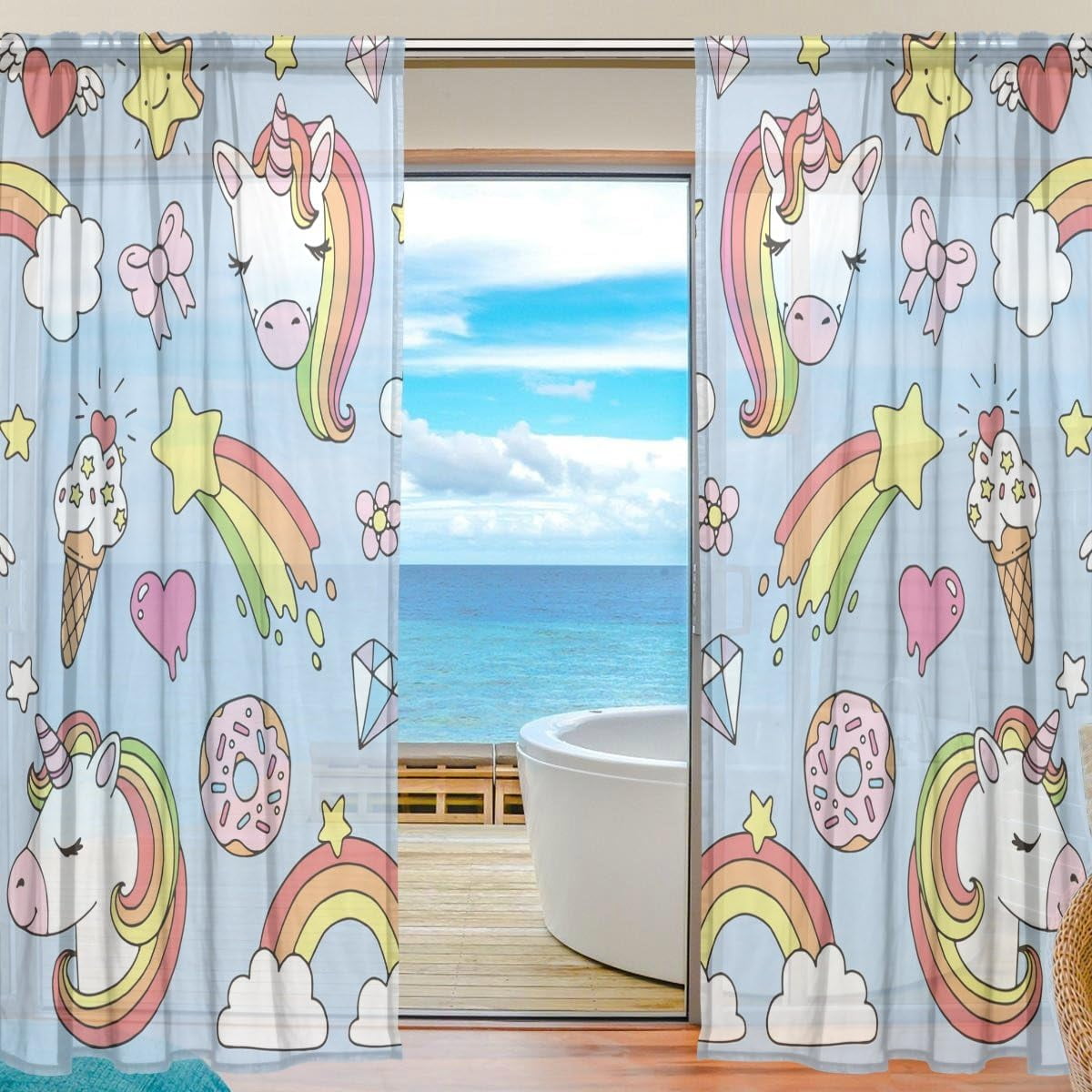 Coolnut 2PCS Cute Cartoon Unicorn Sticker Sheer Gauze Door Curtains, 78 ...