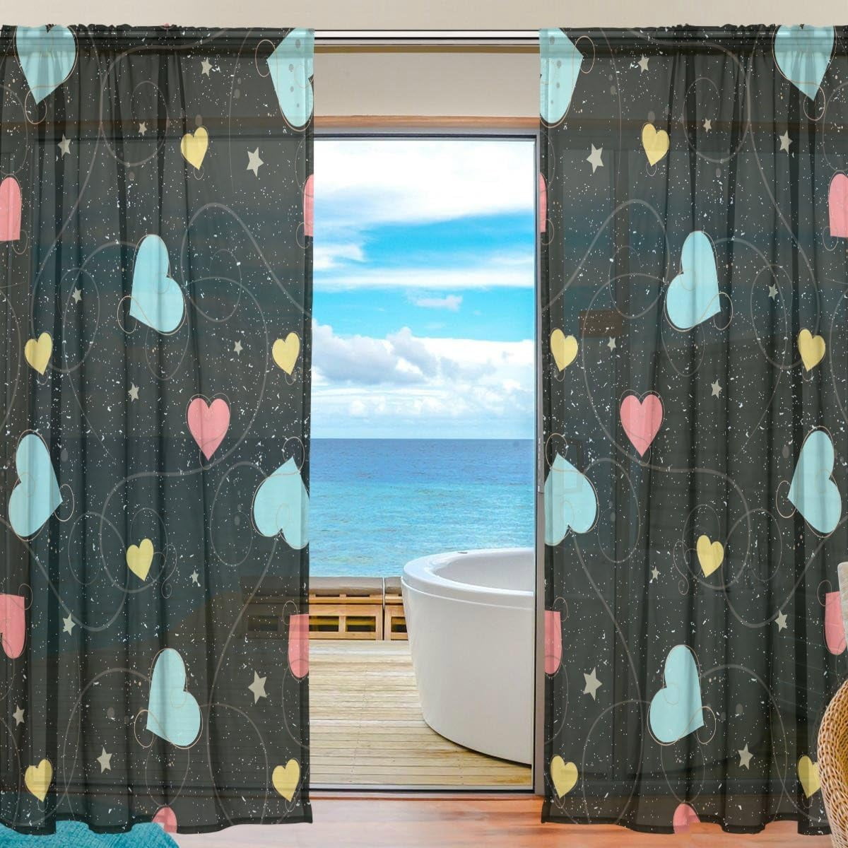 Coolnut 2PCS Hearts On Starry Sky Sheer Gauze Door Curtains, 78"x55 ...