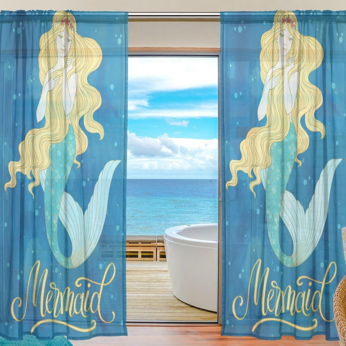 Coolnut 2PCS Mermaid On Watercolor Back Sheer Gauze Door Curtains, 78 ...