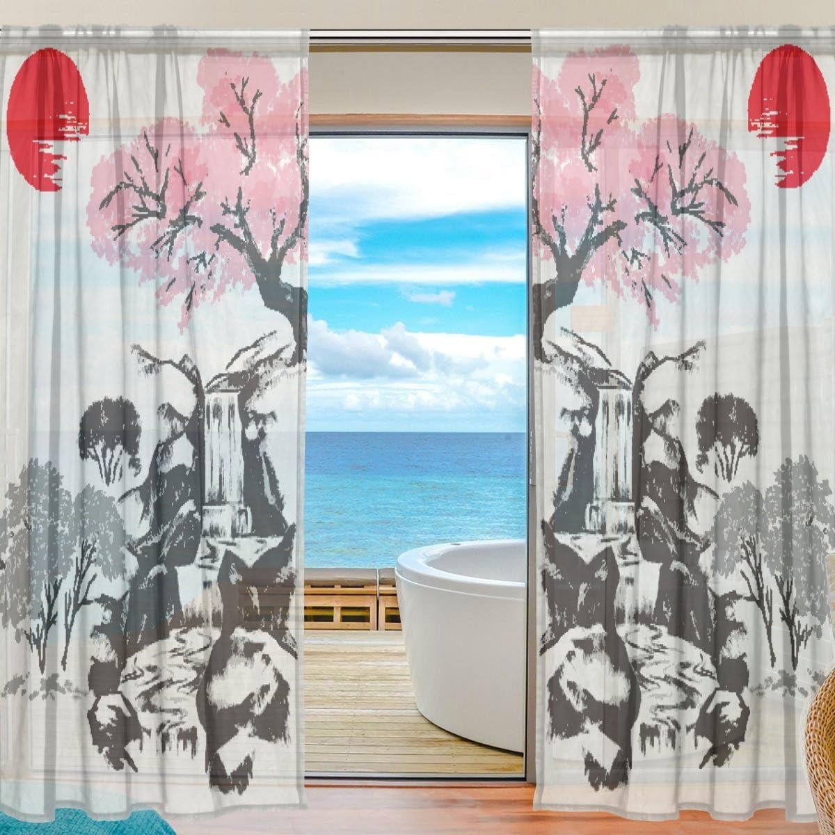 Coolnut 2PCS Oriental Cherry Tree Growing Sheer Gauze Door Curtains, 78 ...