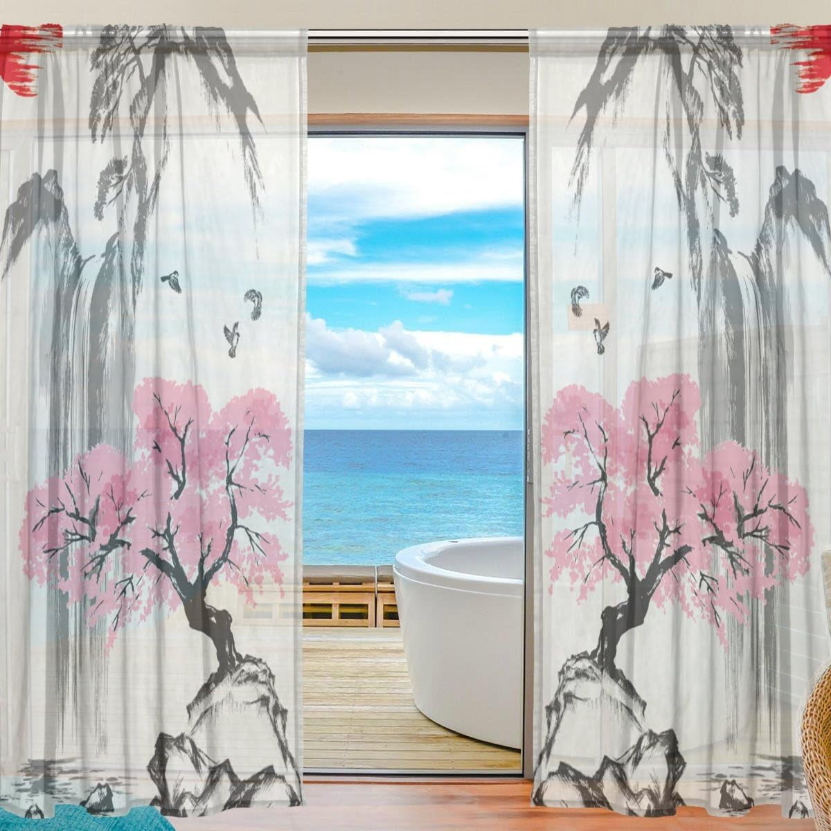 Coolnut 2PCS Oriental Cherry Tree Landscape Sheer Gauze Door Curtains ...