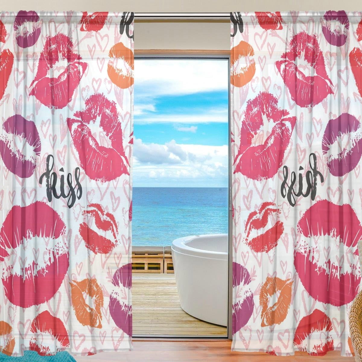 Coolnut 2PCS Print Kisses Lips Sheer Gauze Door Curtains, 78"x55 ...