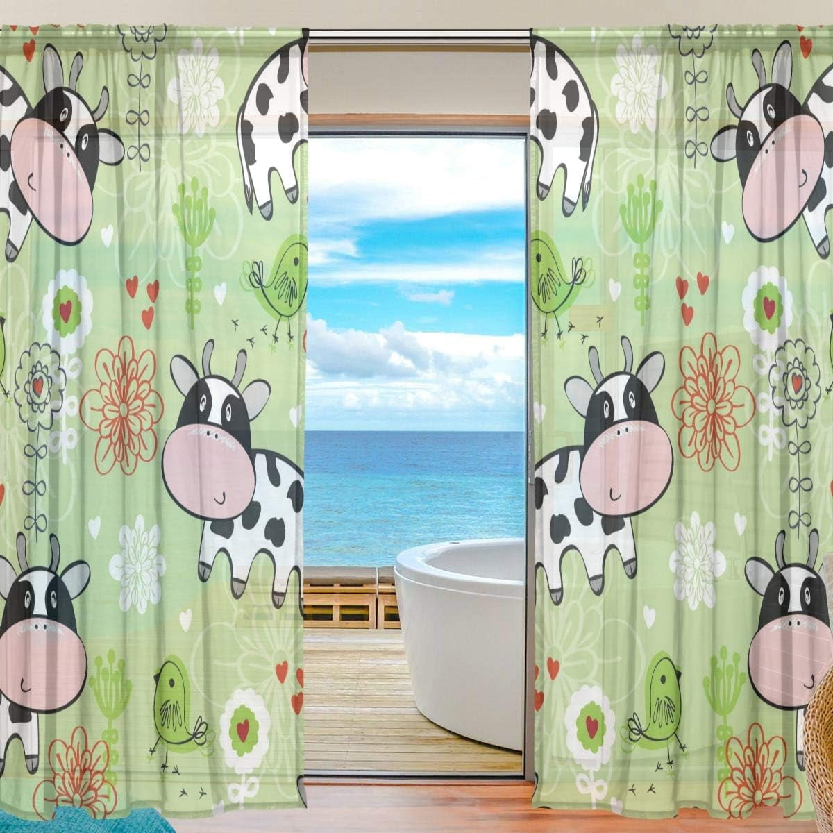 Coolnut 2PCS Sheer Curtains, 78"x55" Cartoon Cows Birds Gauze Door and ...