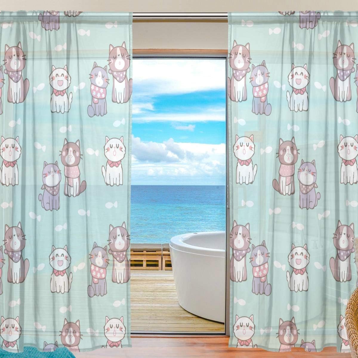 Coolnut 2PCS Sheer Curtains, 78"x55" Cute Cartoon Cat Gauze Door and ...