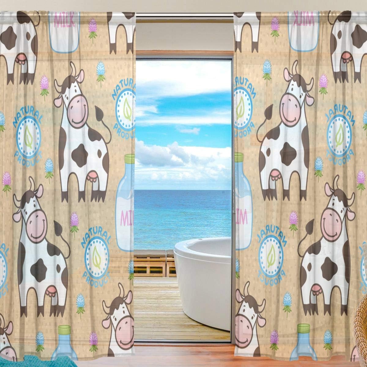Coolnut 2PCS Sheer Curtains, 78"x55" Cute Cow and Bottle of Milk Gauze ...