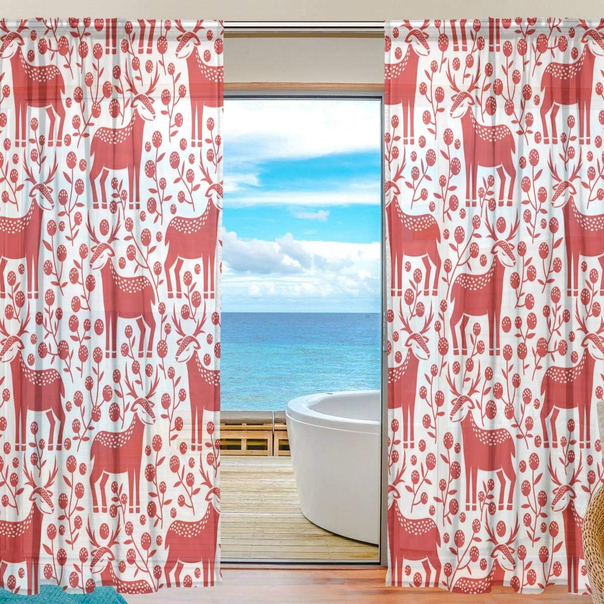 Coolnut 2PCS Sheer Curtains, 78"x55" Cute Red Deer and Berries Gauze ...