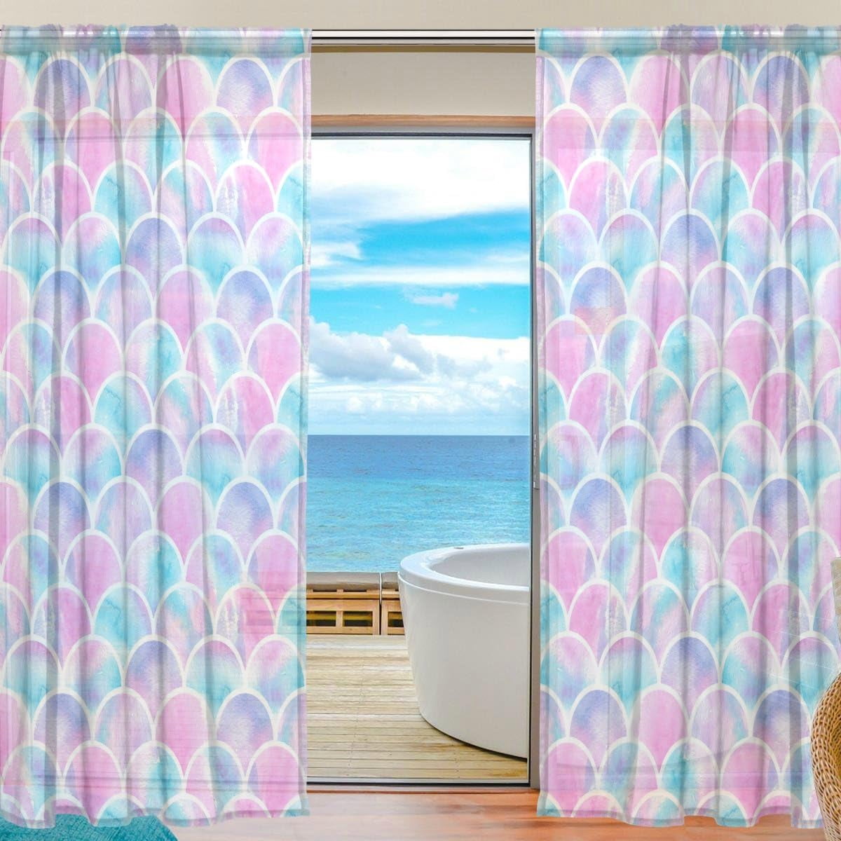 Coolnut 2PCS Watercolor Lilac Scales Sheer Gauze Door Curtains, 78"x55 ...