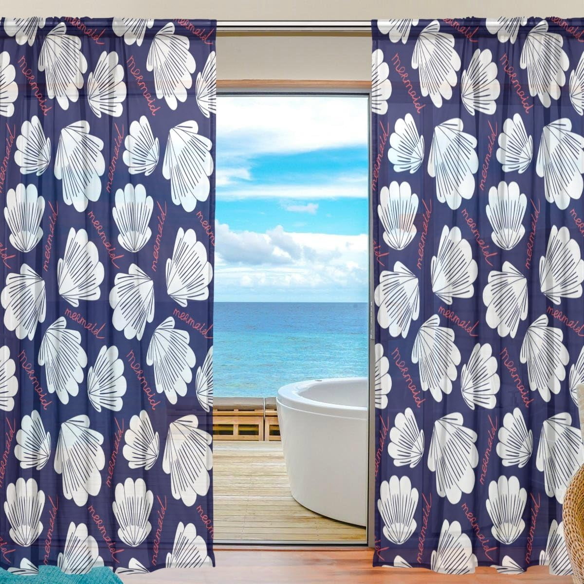 Coolnut 2PCS White Shell Mermaid Word Sheer Gauze Door Curtains, 78"x55 ...